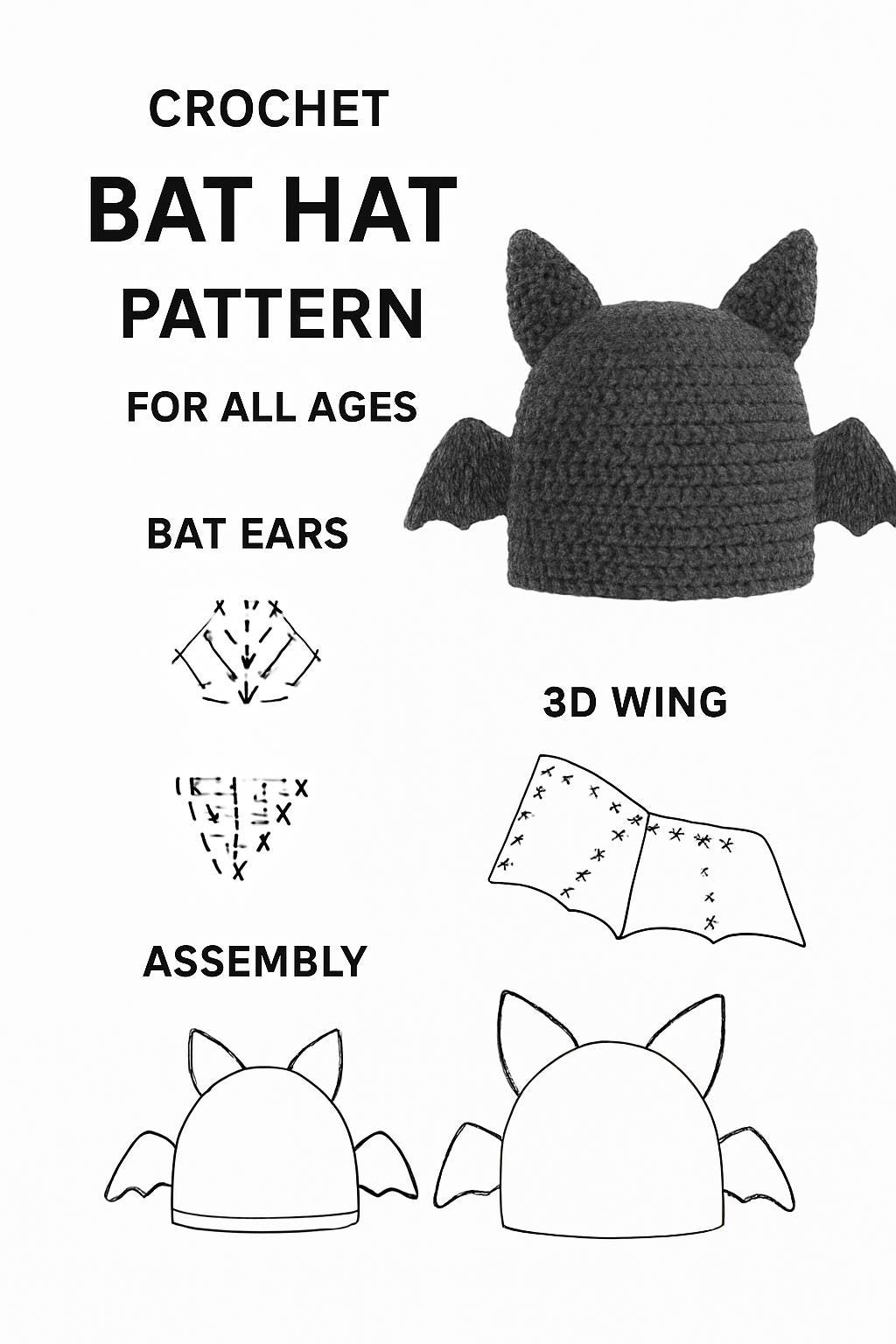 Crochet Bat Hat Pattern: 3D Wings & Ears, Baby to Adult (PDF Download ...
