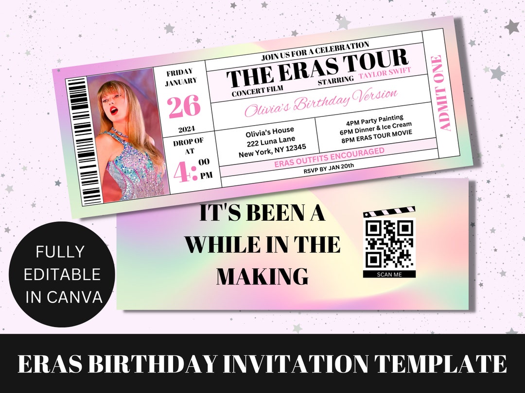 Eras Birthday Invitation, Eras Tour Movie Ticket Invite, Taylor Party ...