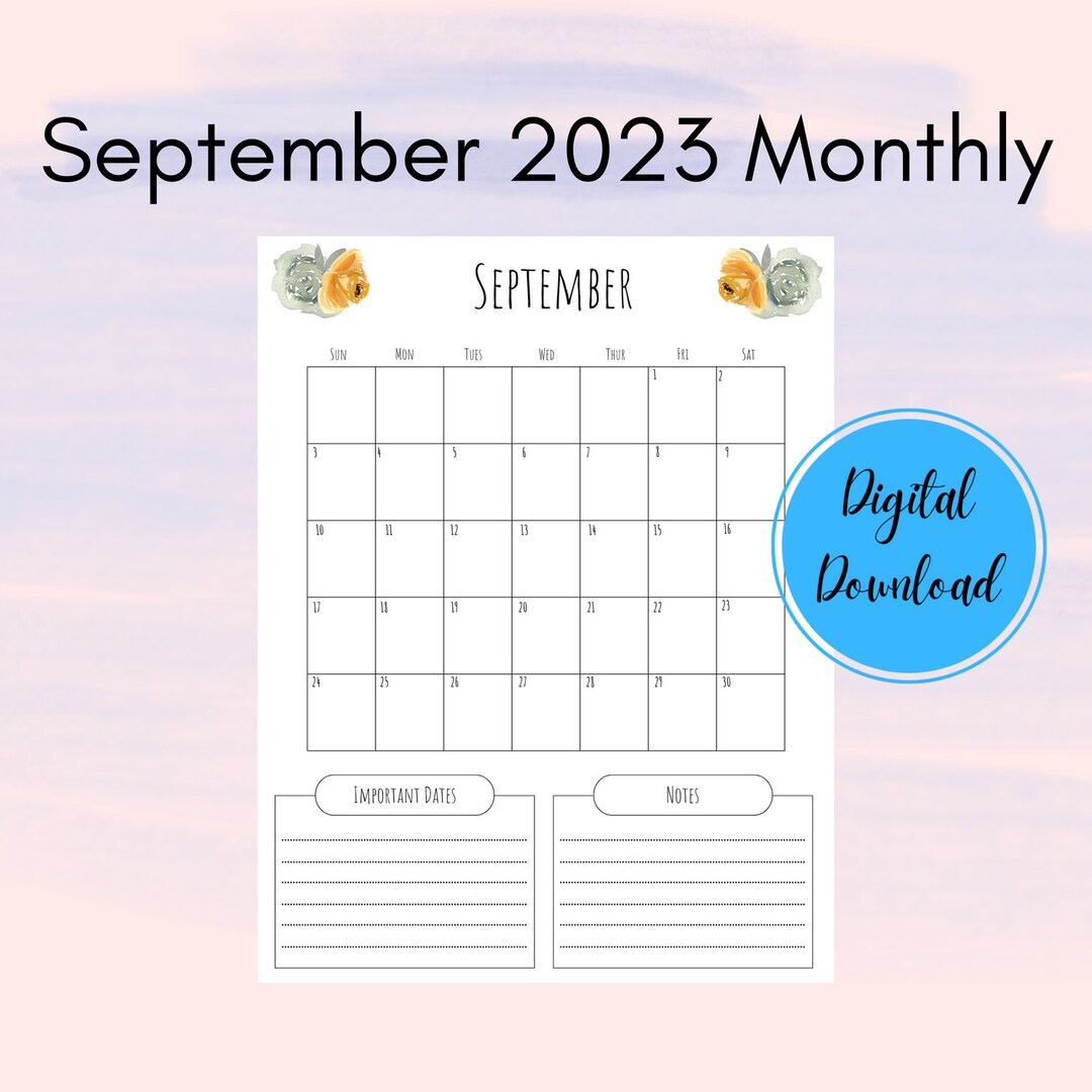 September 2023 Monthly Printable Digital Download Floral Design ...