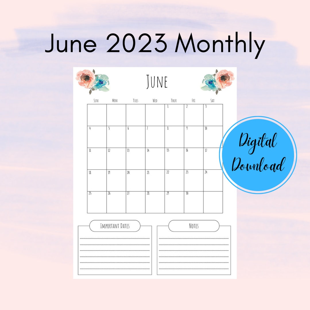 June 2023 Printable Watercolor Flower Monthly Planning Vertical ...