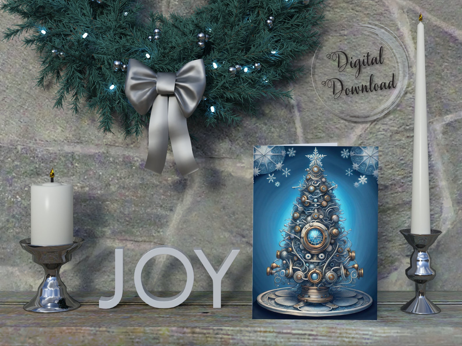 Steampunk Christmas Card, Printable Christmas Card, Holiday Greeting ...