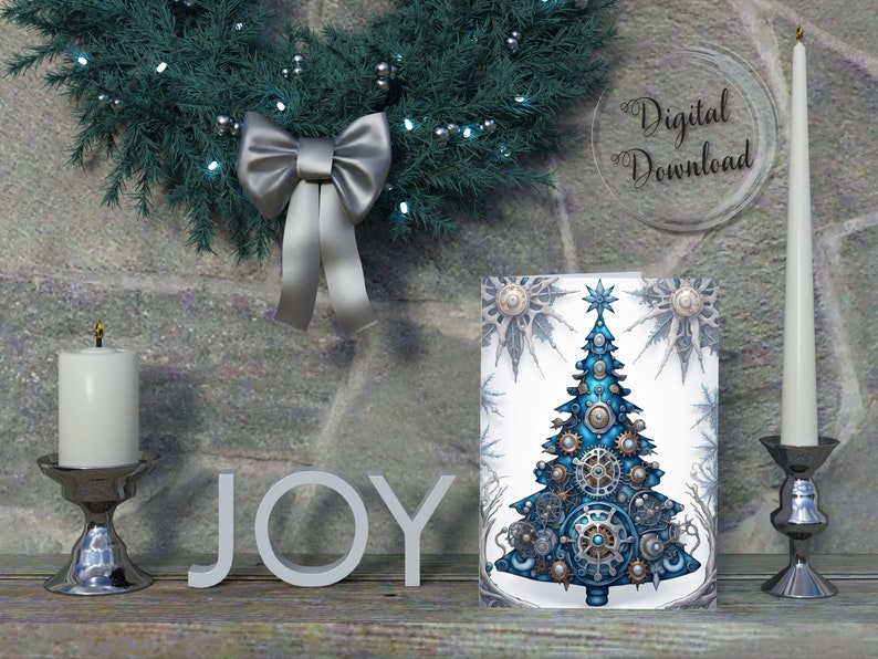 Steampunk Christmas Card, Printable Christmas Card, Holiday Greeting ...