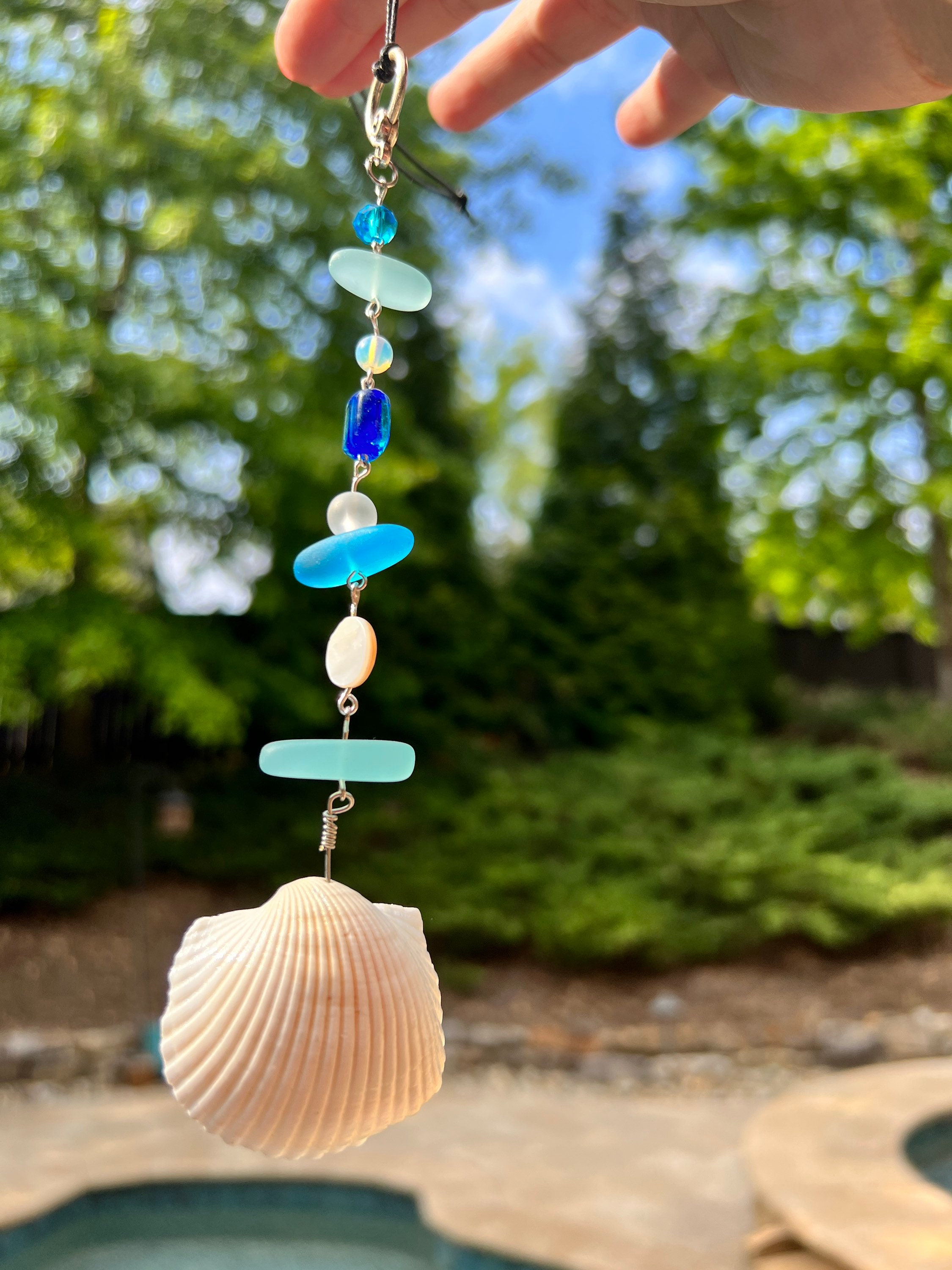 Sun Catcher Beachy Beaded Sea Shell Sea Glass/blue Aqua Green - Etsy