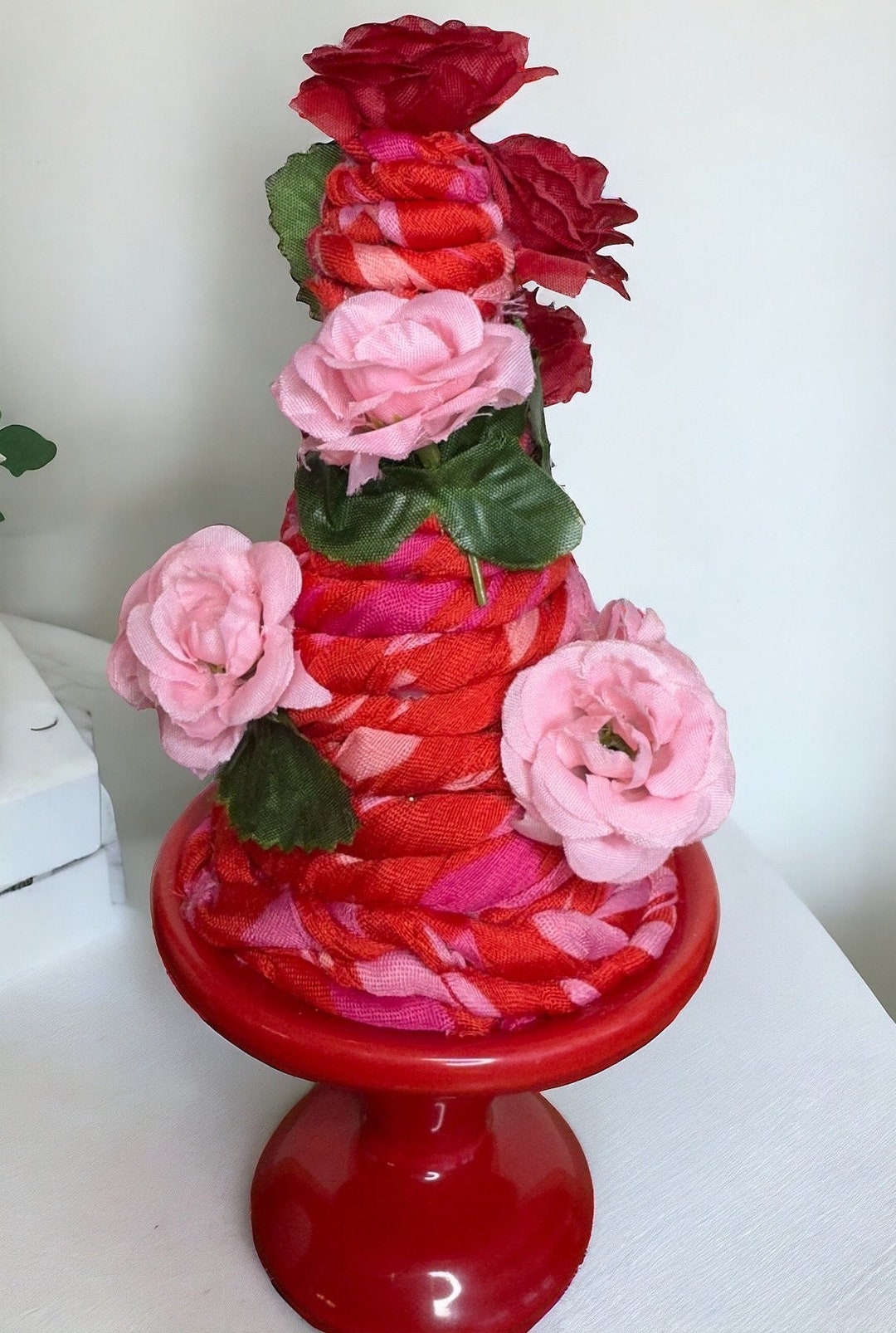 Valentine Topiary Rose Arrangement/faux Pink Red Mini Roses on Red Mini ...