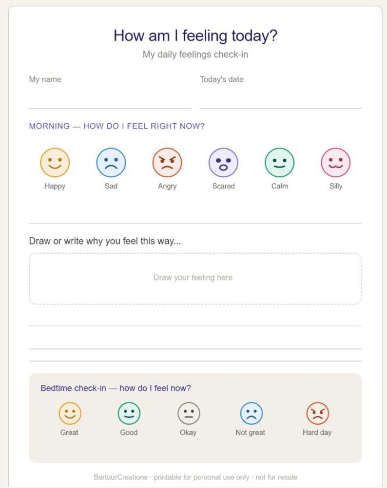 Kids Feelings Check-in Printable, Emotions Worksheet, SEL Activity (PDF ...