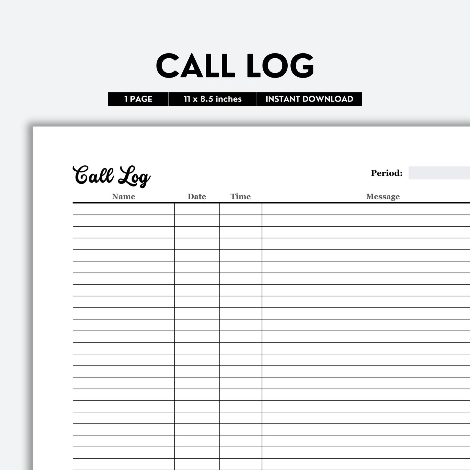 Call Log Printable | B&W PDF | Track Phone Calls With Date, Time, Name ...
