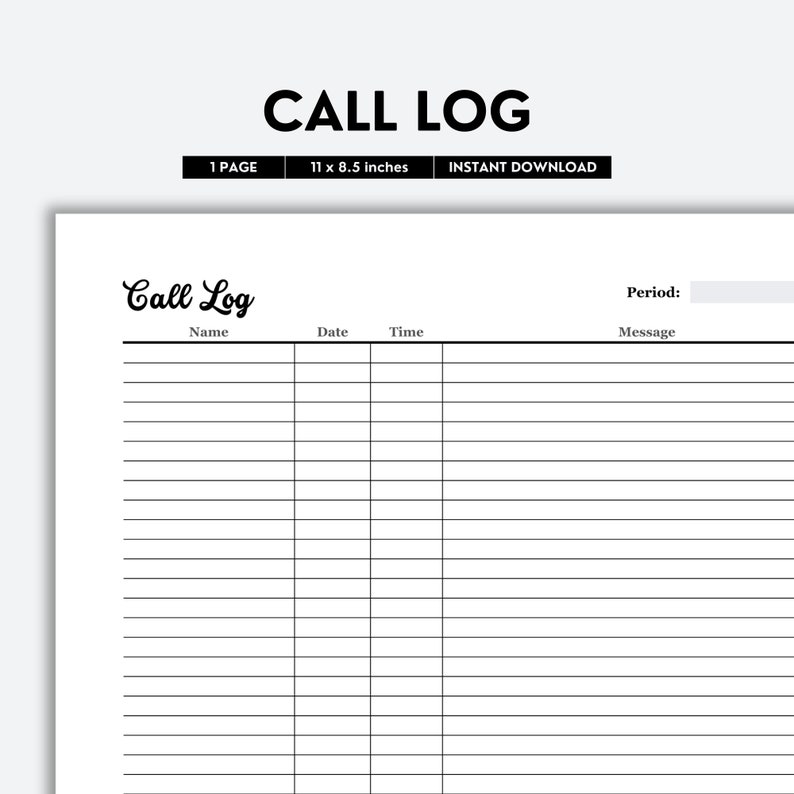 Call Log Printable | B&W PDF | Track Phone Calls With Date, Time, Name ...
