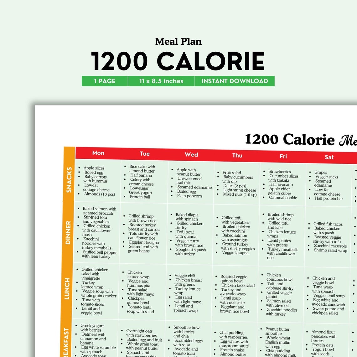 1200 Calorie Meal Plan, Weight Loss, Meal Planner, Healthy Eating, 1200 ...