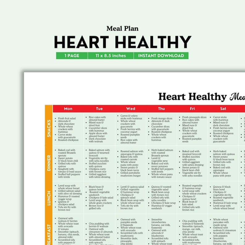Heart Healthy Meal Plan (color PDF) - Etsy