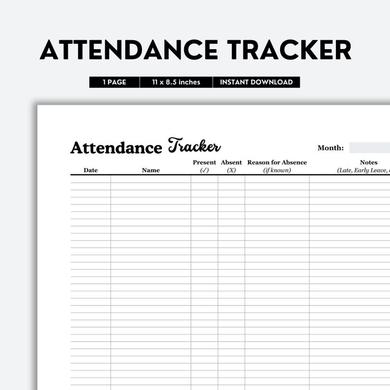 Attendance Tracker Printable | B&W PDF | Easy Daily and Monthly Log for ...