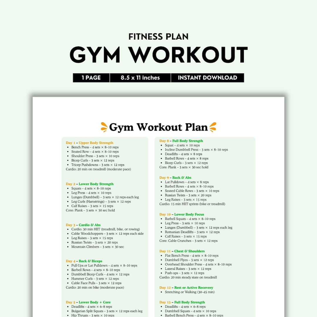 Gym Workout Plan (color PDF) - Etsy