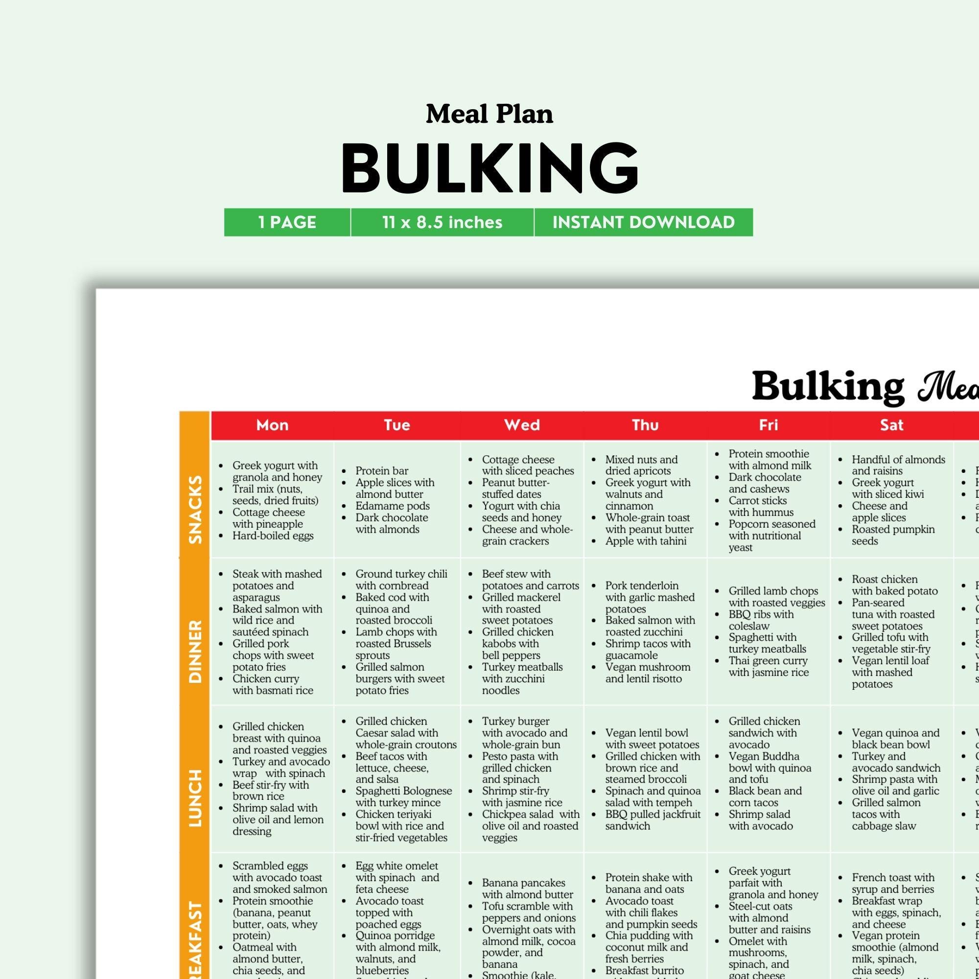 Bulking Meal Plan, Workout Plan, Build Muscle, Home Workout Plan ...