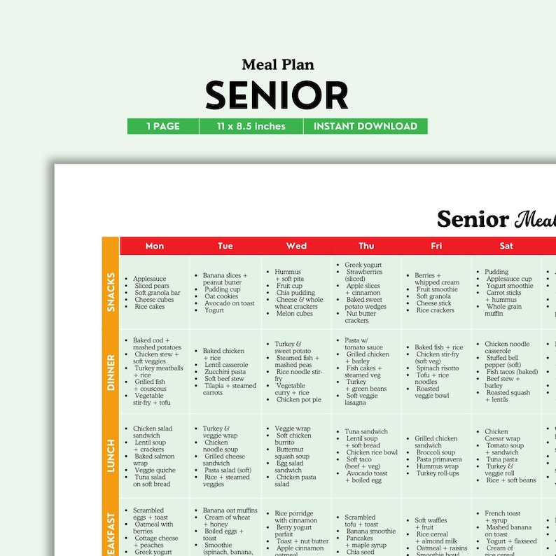 Senior Meal Plan Printable | Color PDF | Easy & Nutritious Meal Ideas ...