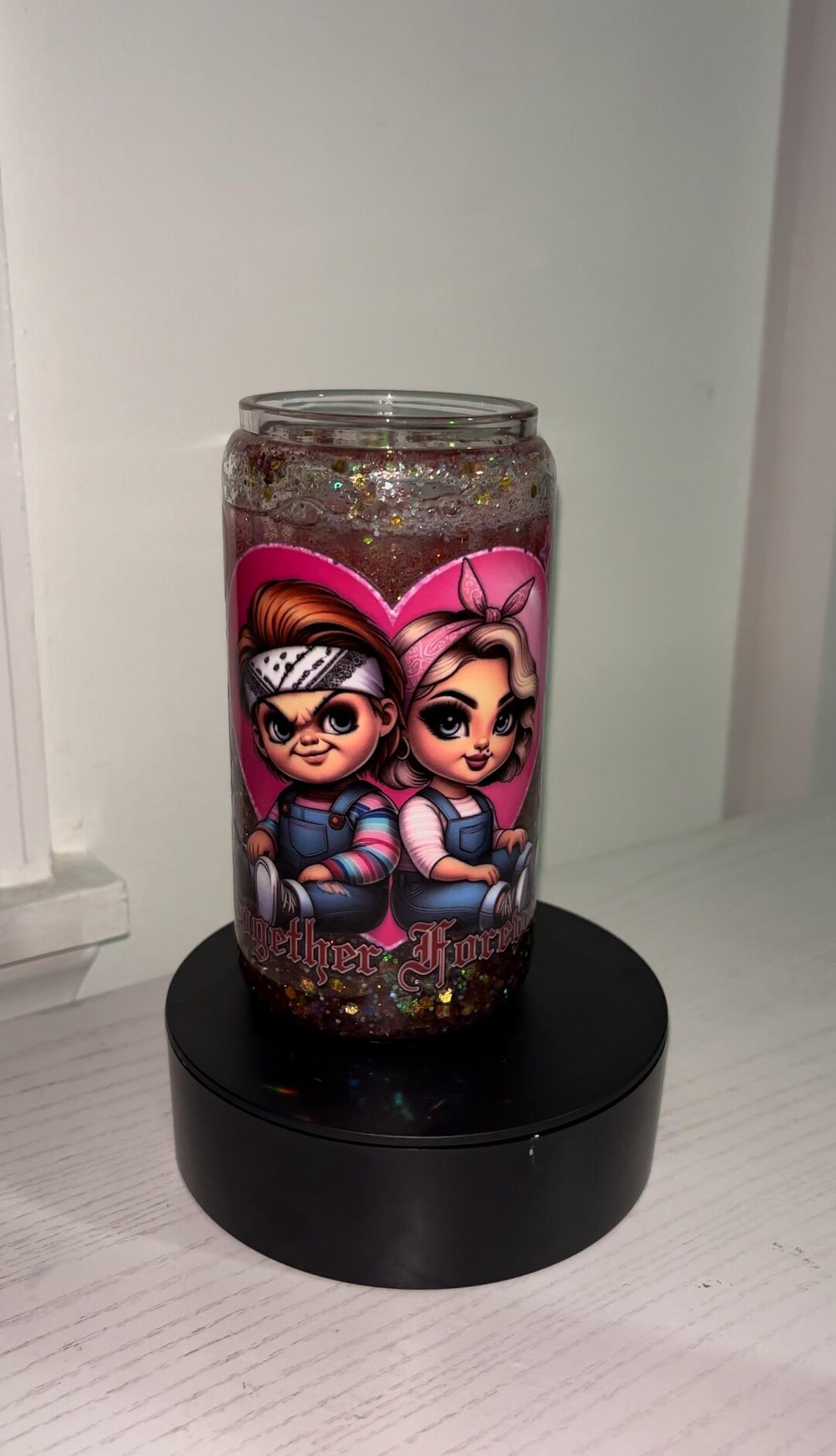 Chucky and Bride Pink and Gold 16oz Snow Globe Tumbler - Etsy