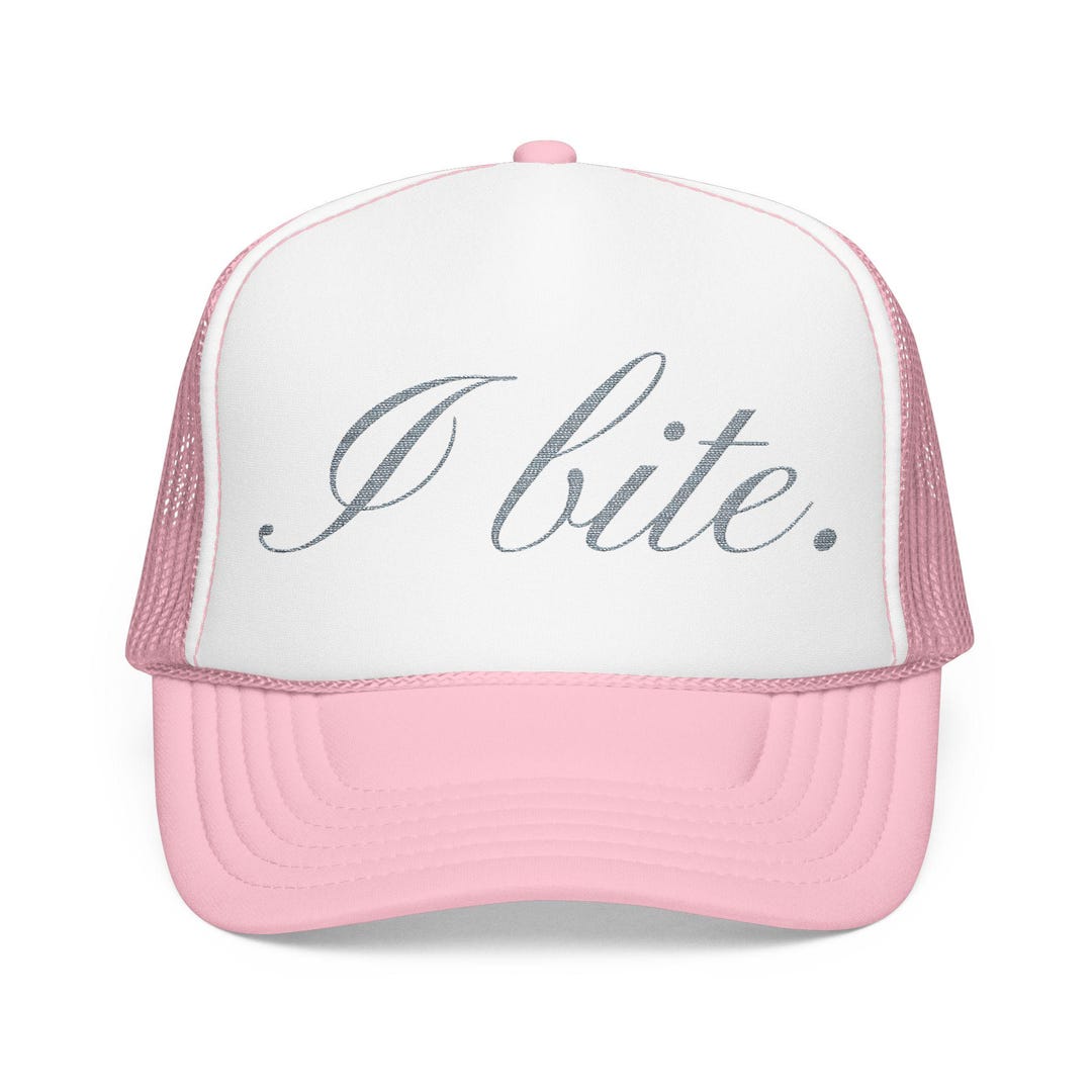 I Bite Embroidered Trucker Hat | Foam Front Mesh Back, Playful Slogan ...