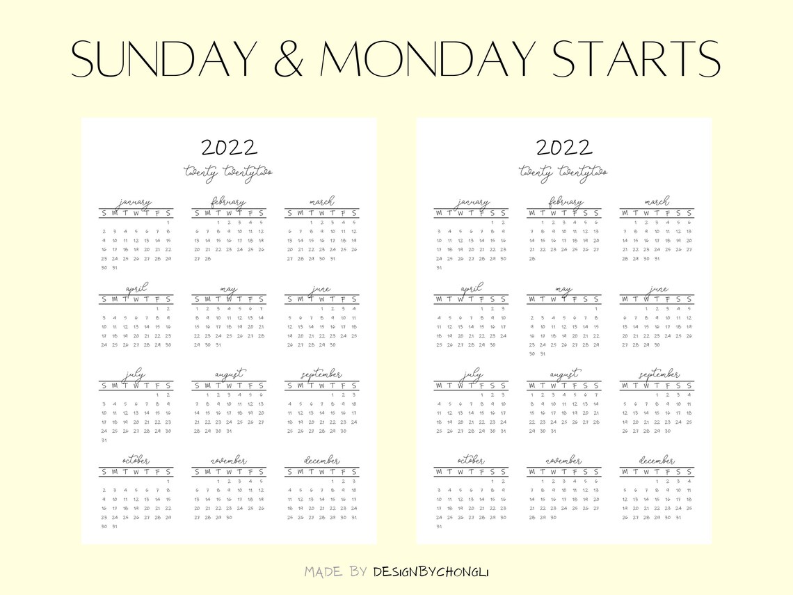 2022 Year Calendar Printable Yearly Wall Calendar Desk - Etsy