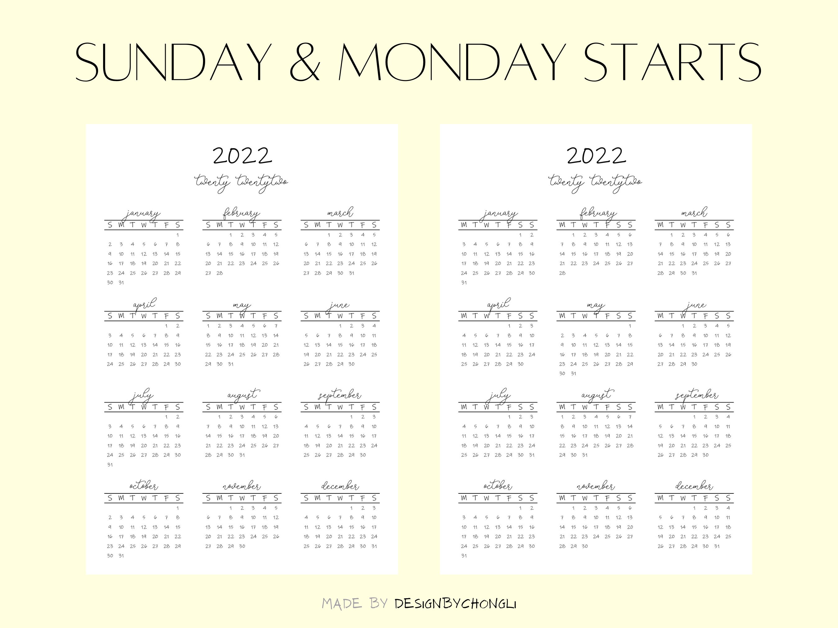 2022 Year Calendar Printable, Yearly Wall Calendar, Desk Calendar ...