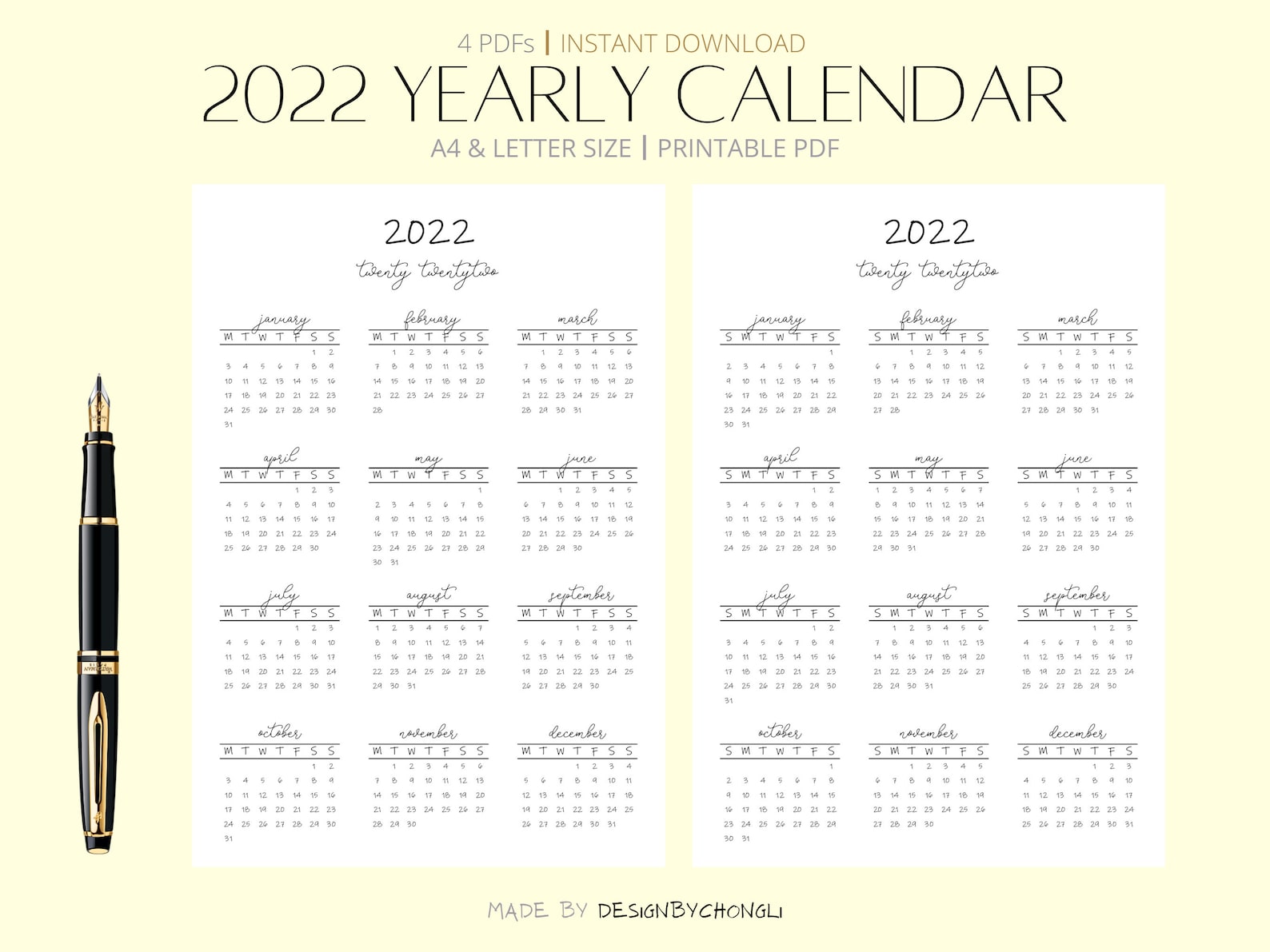 2022 Year Calendar Printable, Yearly Wall Calendar, Desk Calendar ...