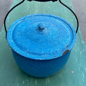 Vintage Really Old Large Sky Blue Porcelain Bean & Stew Cooking Pot ...