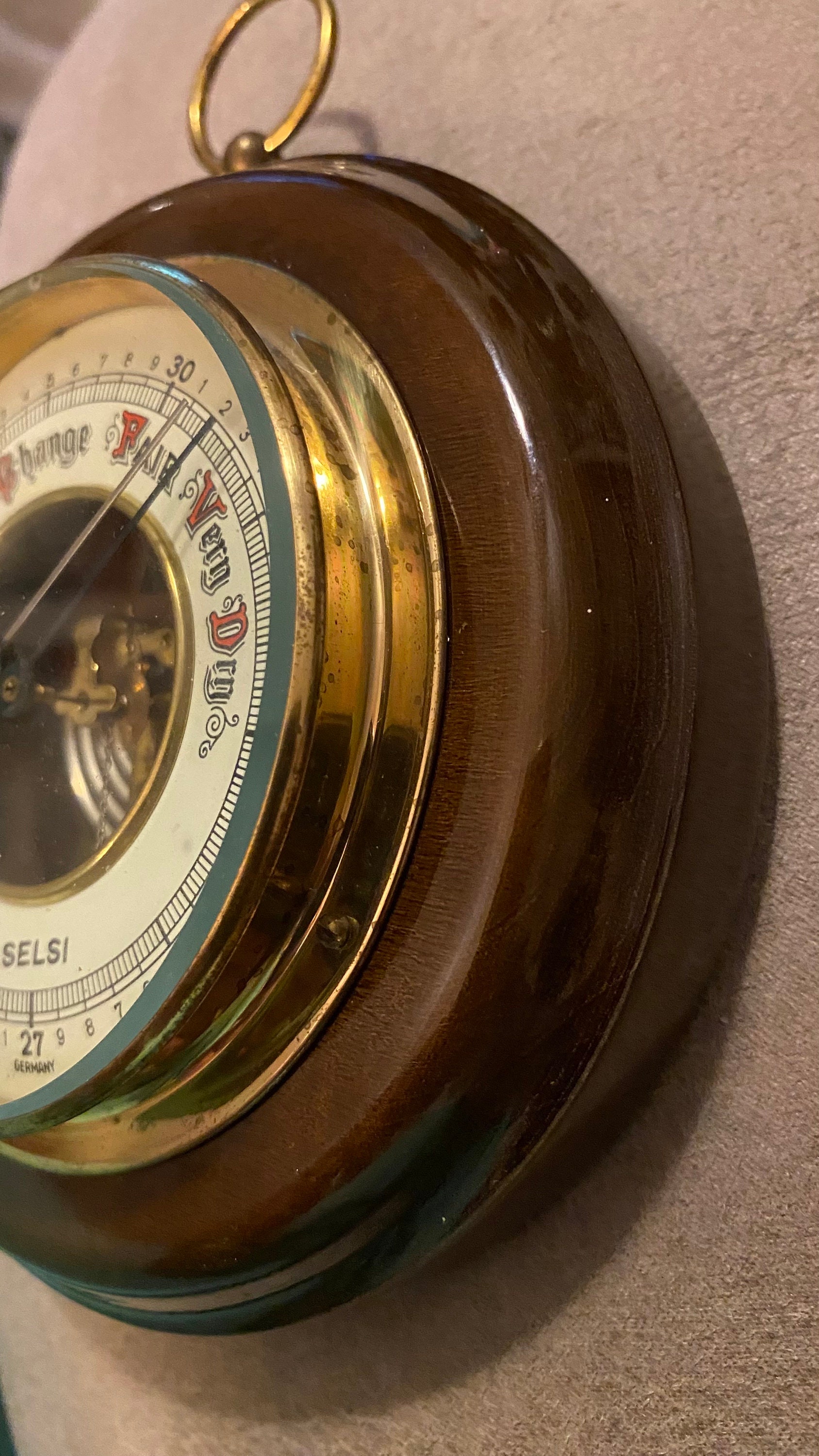 Vintage 1950s SELSI Germany Wood Wall Hanging Barometer. Wood is 5 1/8 ...