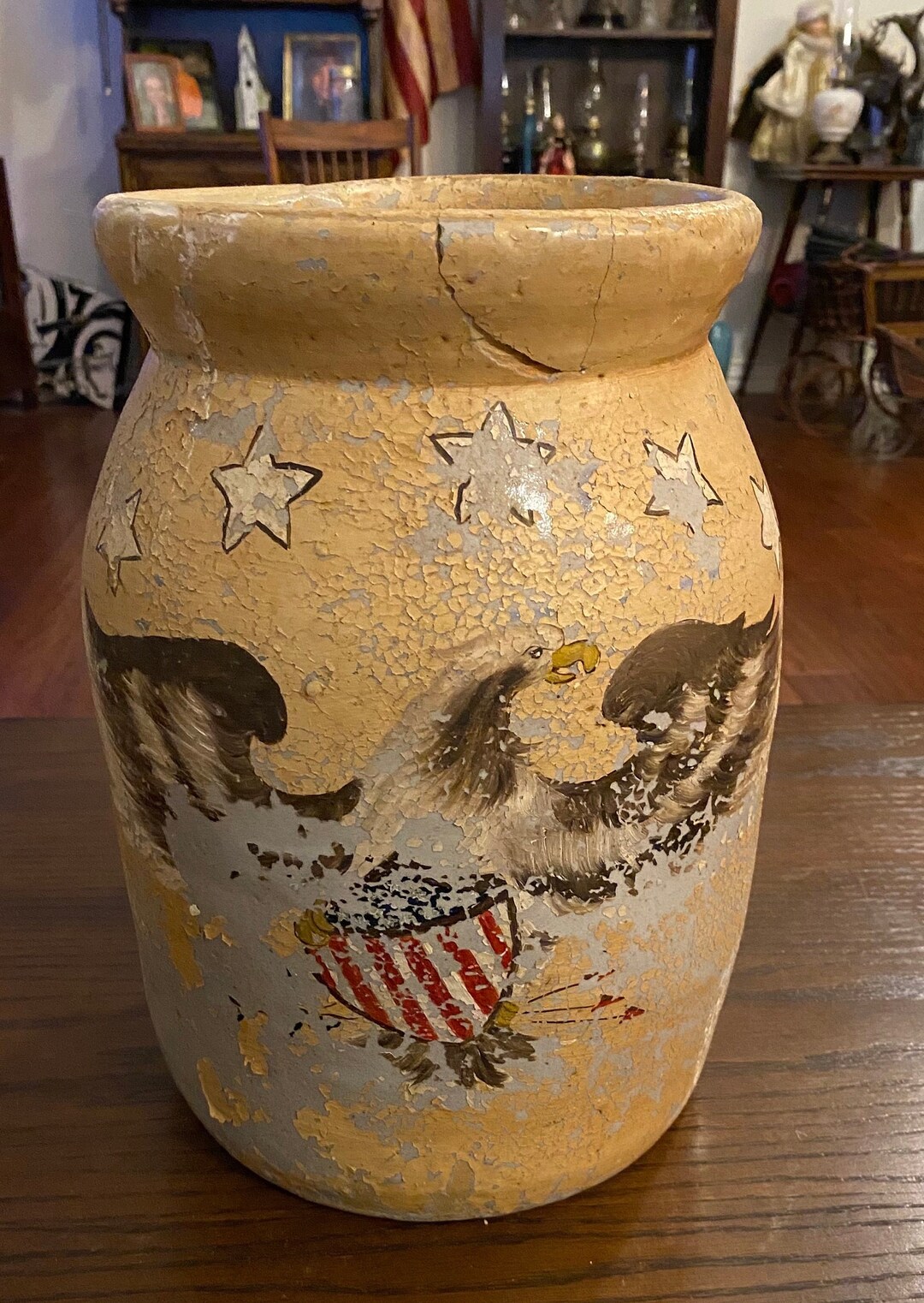 Vintage Painted Butter Churn 9” X 13” Tall. Beige With a Eagle and ...