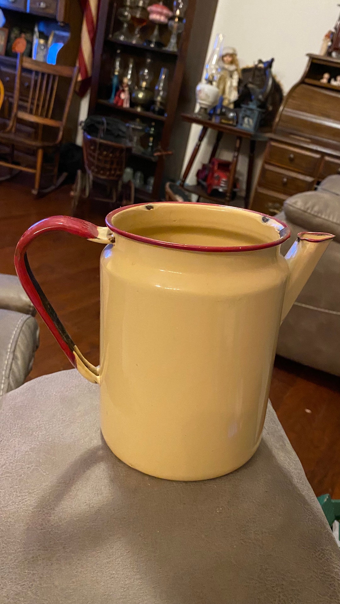 Vintage 6” Tall Farmhouse Beige Porcelain Water Pitcher With Red Trim ...