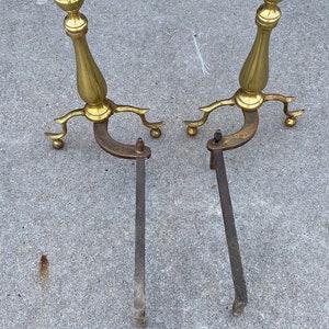 Vintage Brass Decorative Columns and Cast Iron Rails Fireplace Andirons ...