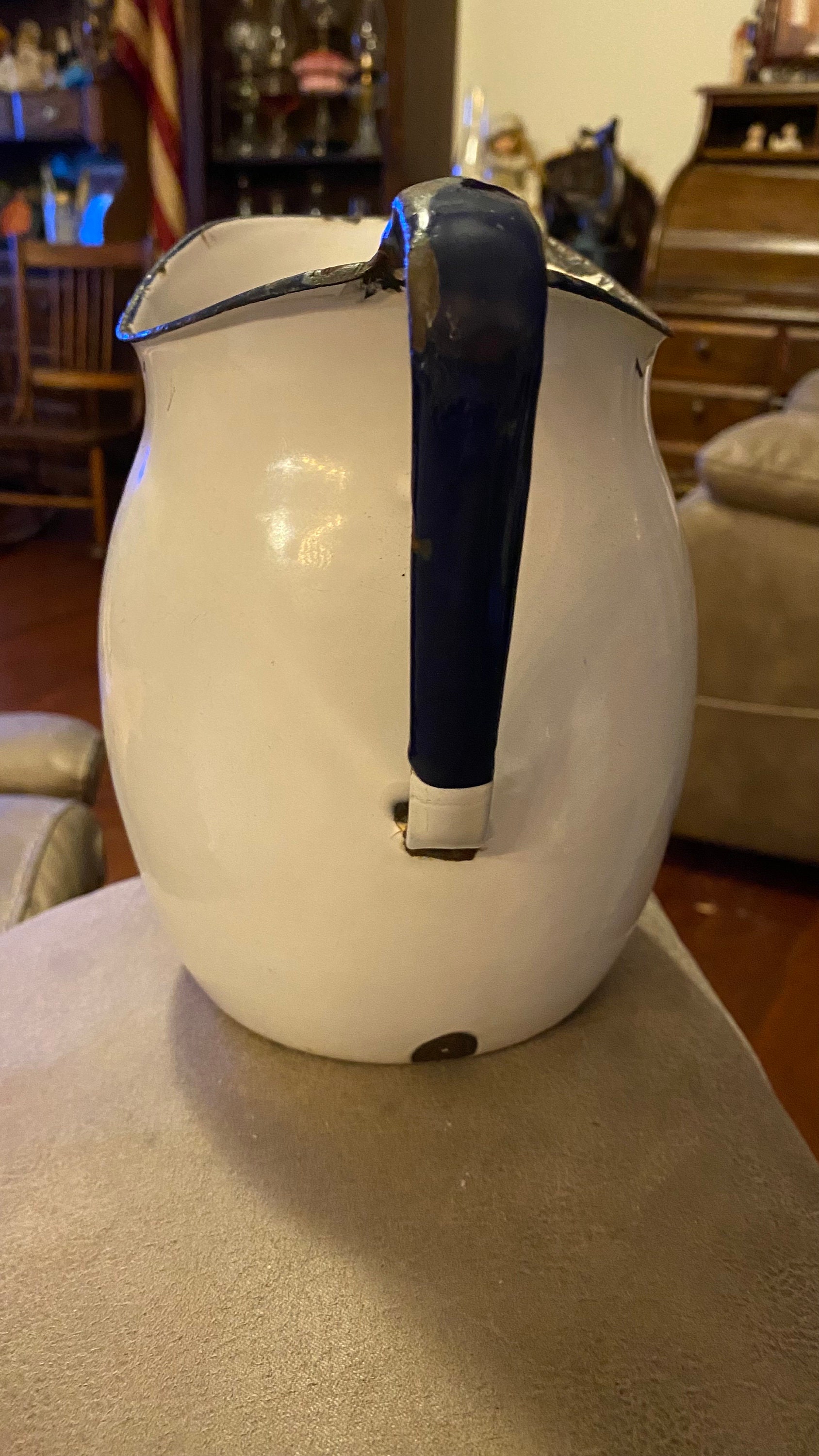 Vintage 8 Tall Farmhouse Wite Porcelain Water Pitcher With Black Trim ...