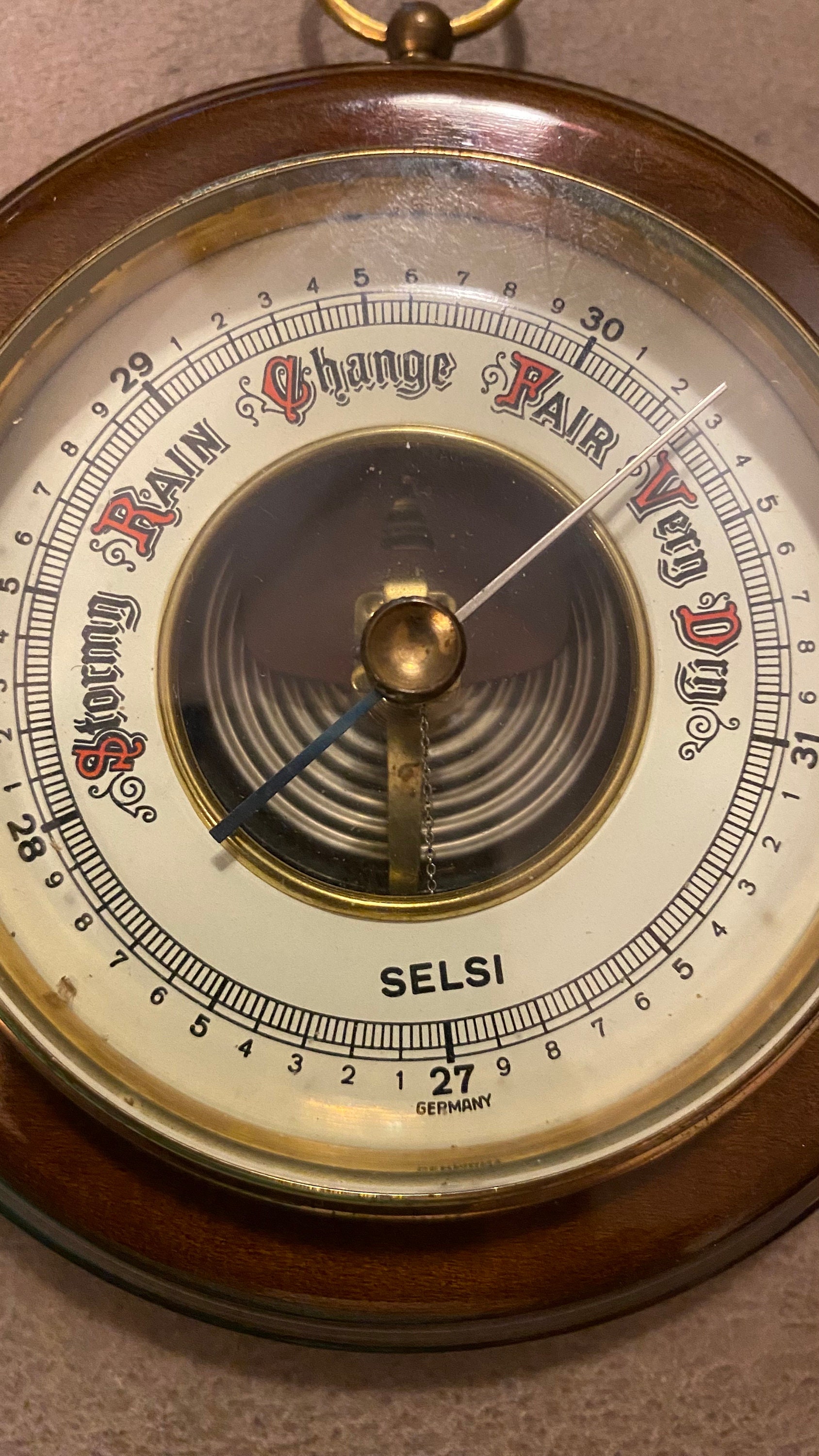 Vintage 1950s SELSI Germany Wood Wall Hanging Barometer. Wood is 5 1/8 ...