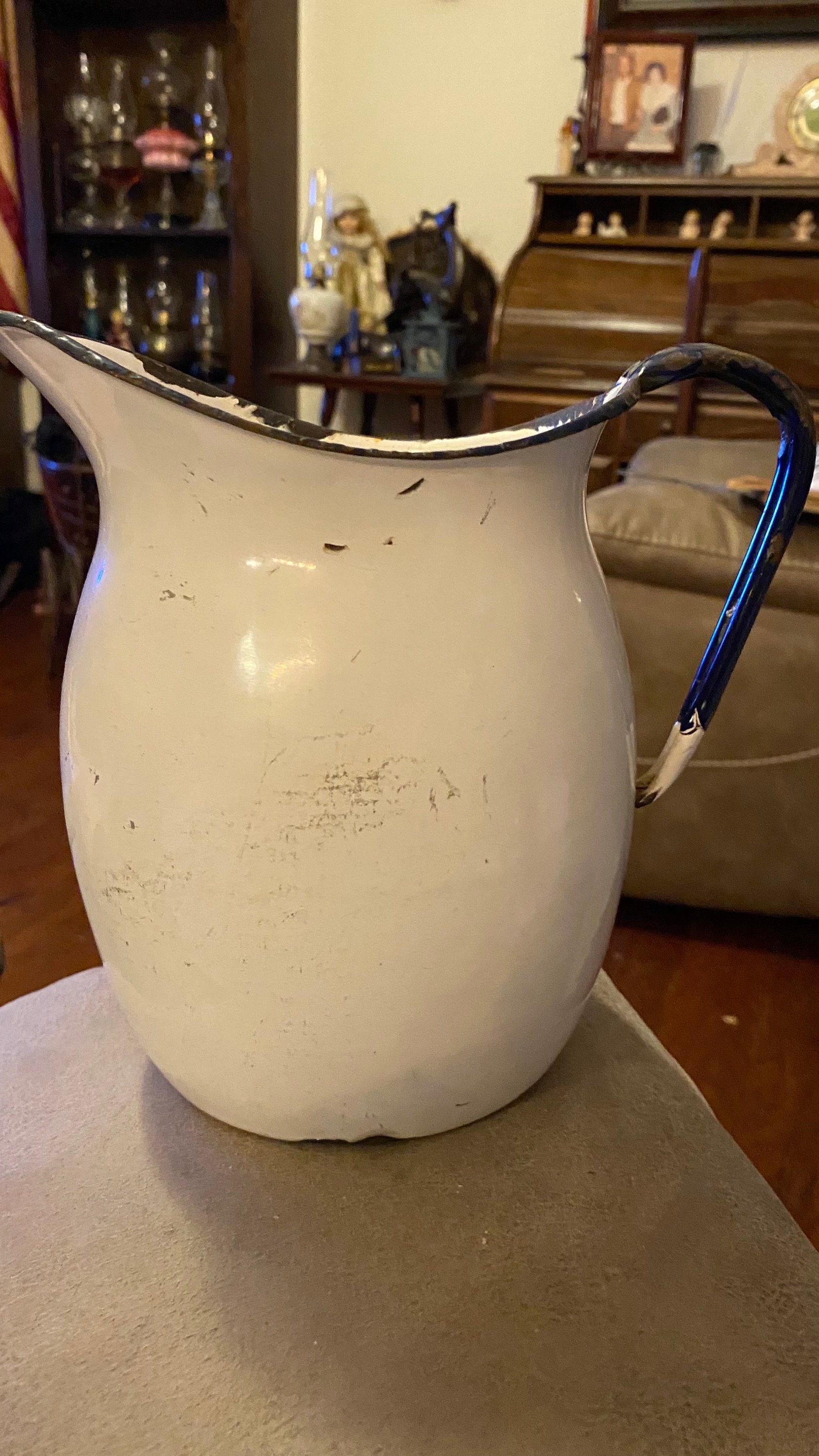 Vintage 8 Tall Farmhouse Wite Porcelain Water Pitcher With Black Trim ...