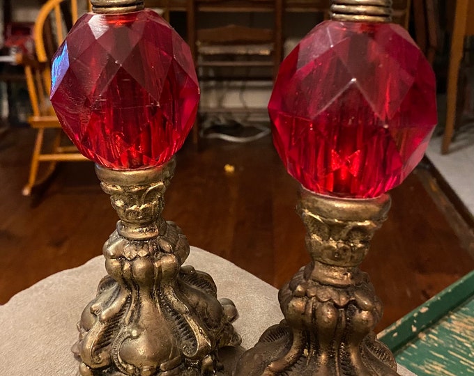 Vintage 1950’s?? 1960’s?? 8” Tall Ruby Red Lucite and Decorative Metal ...