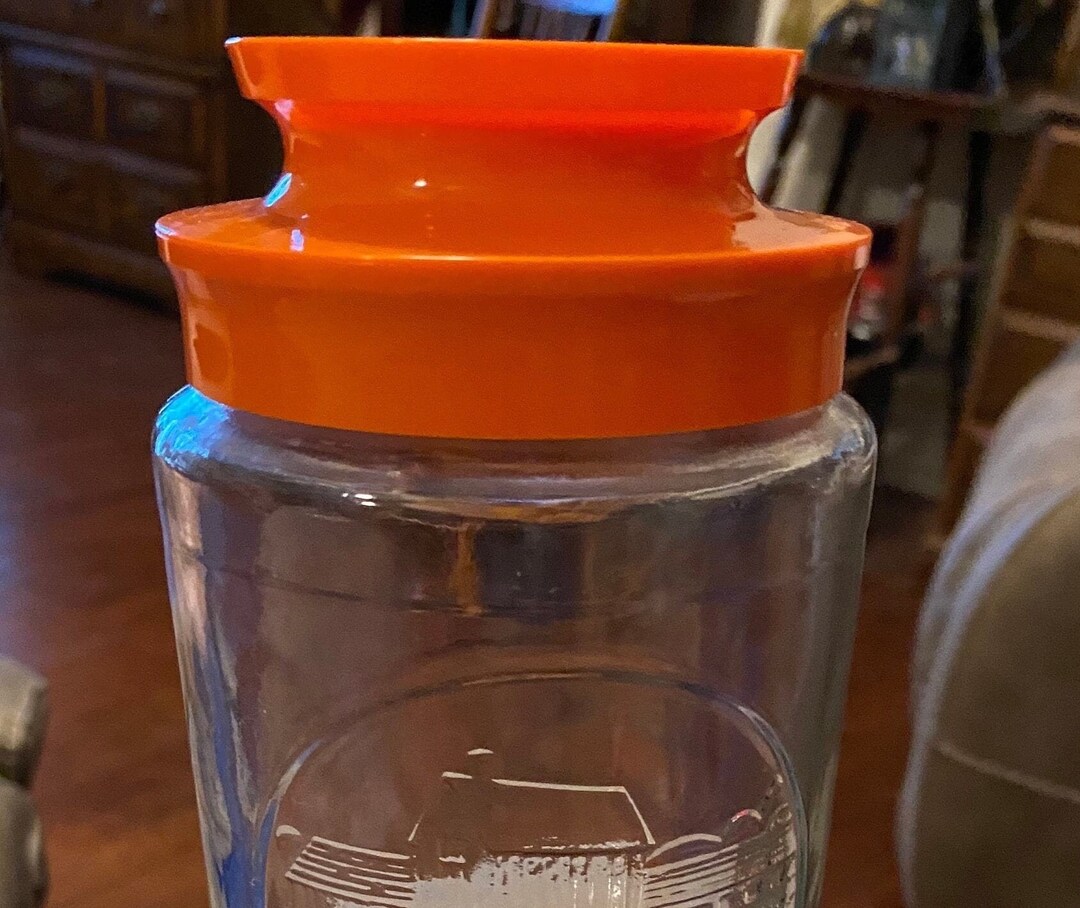 Vintage 1970s Anchor Hawkins Clear tang Glass Jar and Orange Lid With A ...