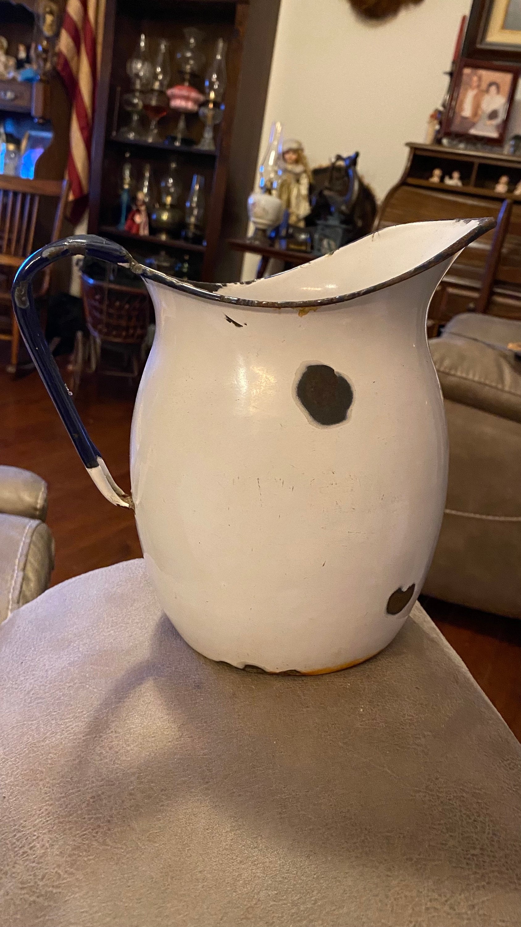 Vintage 8 Tall Farmhouse Wite Porcelain Water Pitcher With Black Trim ...
