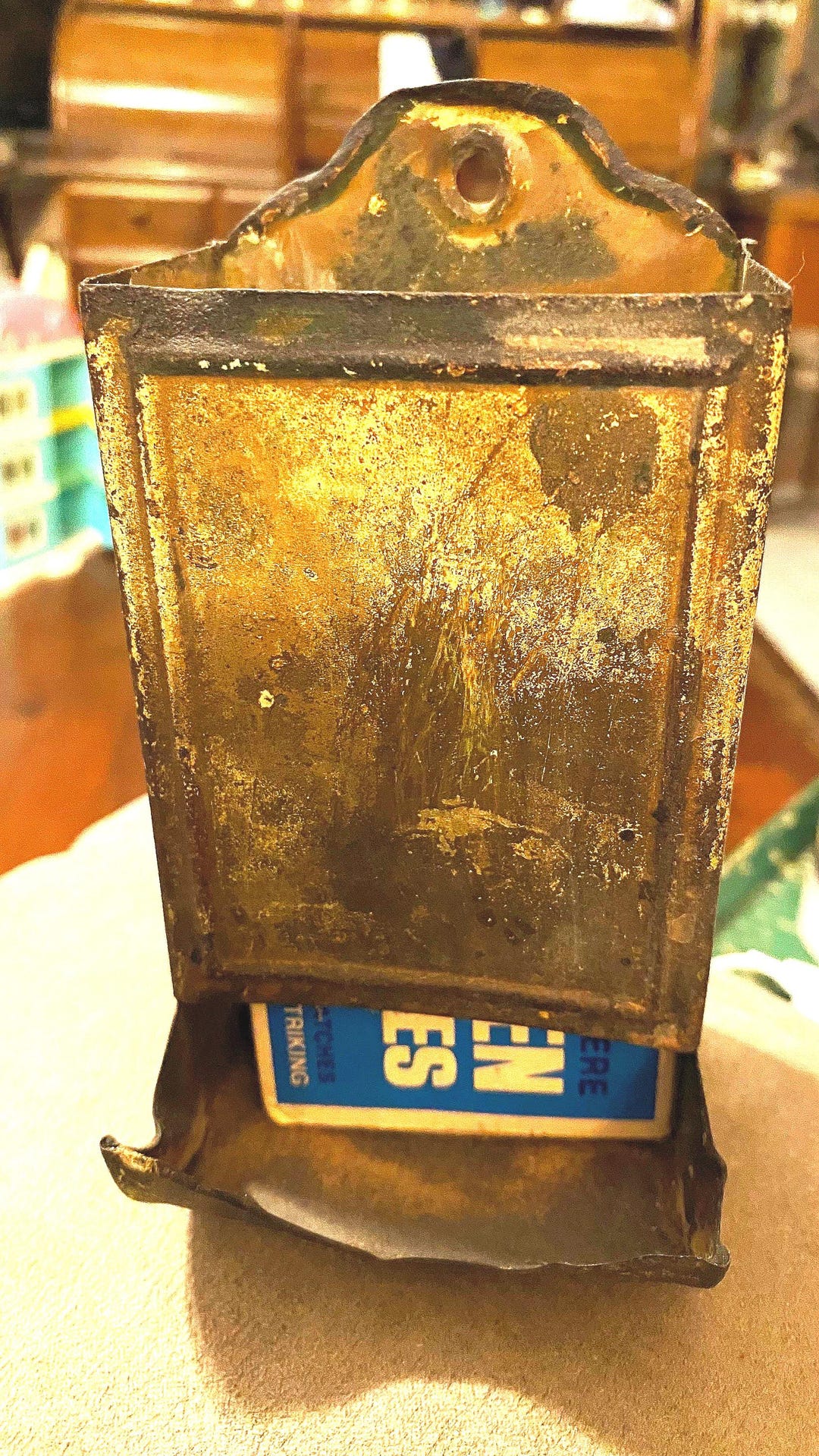 Vintage Tin Kitchen Matches Box Holder in Vintage Remaining Green and ...
