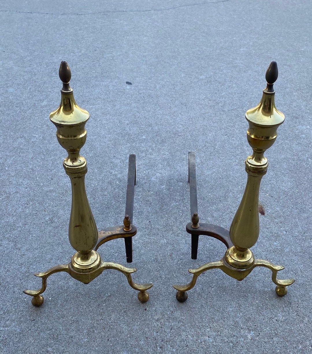 Vintage Brass Decorative Columns and Cast Iron Rails Fireplace Andirons ...