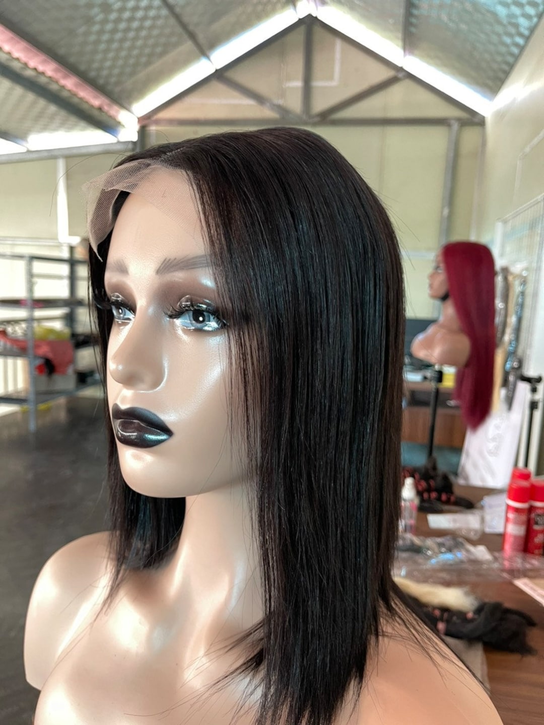 12 Inches Layered Bob Wigs 4x4 Closure 100% Human Black Hair Bone ...