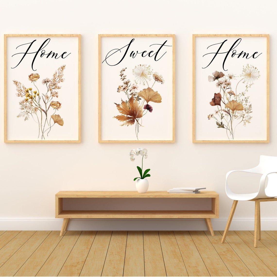 Home Sweet Home Art Set of 3 Fall Botanical, Boho Mid Century Modern ...