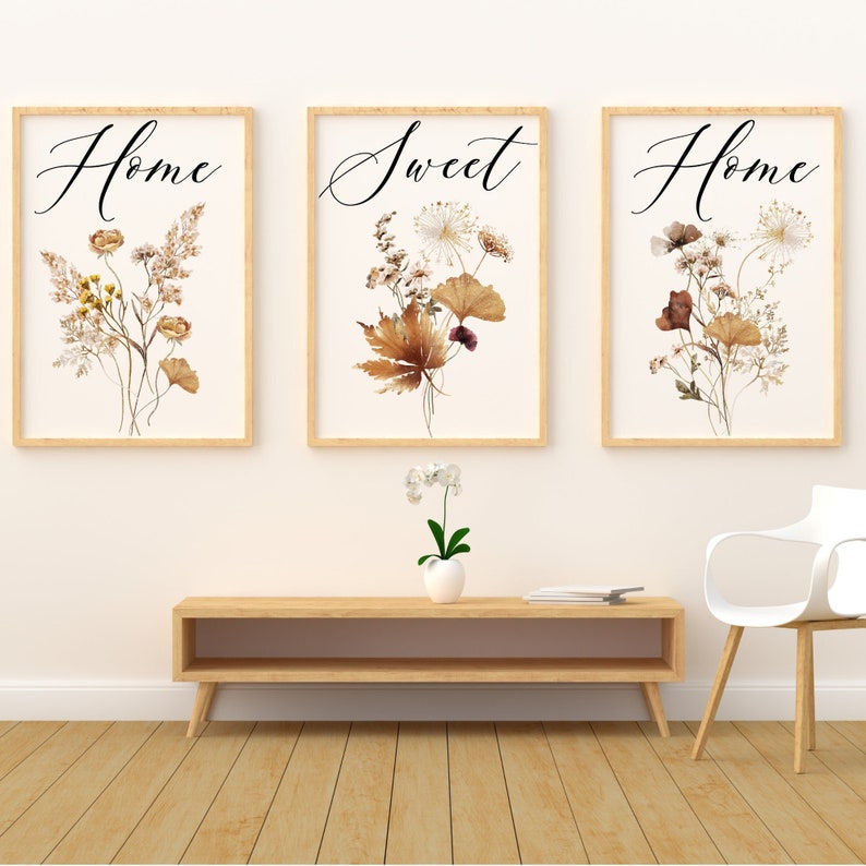 Home Sweet Home Art Set of 3 Fall Botanical Boho Mid Century - Etsy