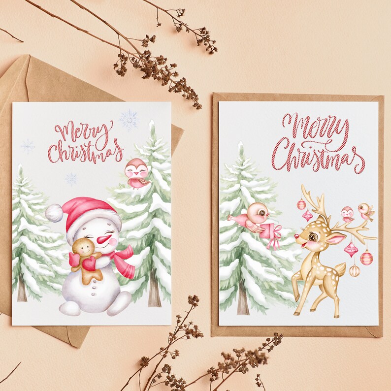 Set of 2 Christmas Cards, Deer With Tree & Snowman Printable Cards ...