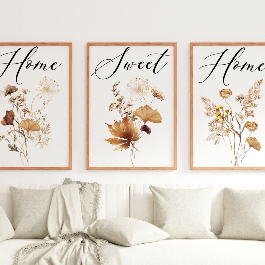 Home Sweet Home Art Set of 3 Fall Botanical, Boho Mid Century Modern ...