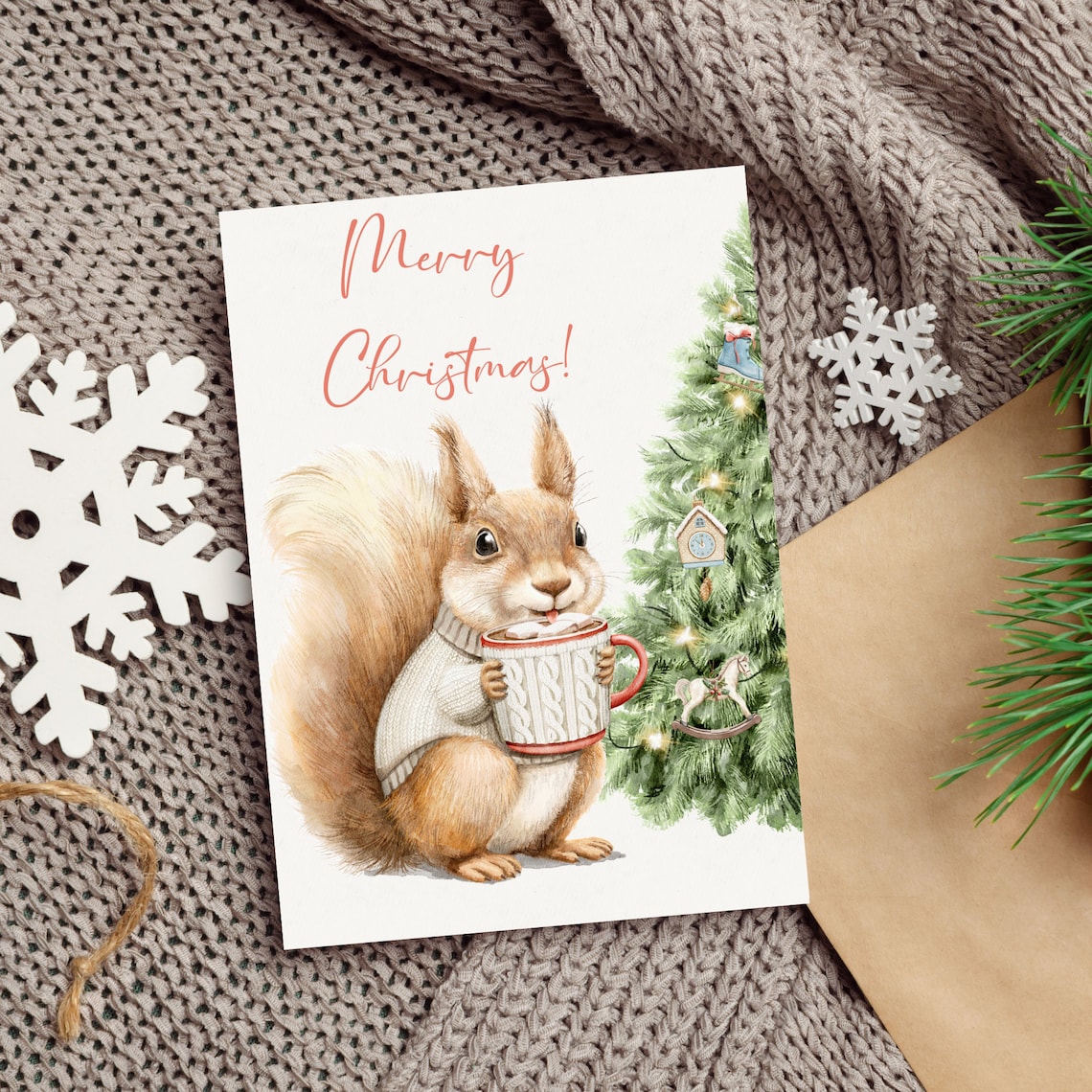 Squirrel Merry Christmas Card, Watercolor Cozy Squirrel With Mug and ...