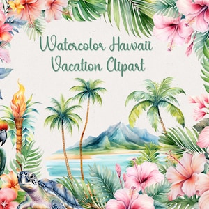 30 Watercolor Hawaii Clipart Bundle, Summer Tropical Island Clip Art ...