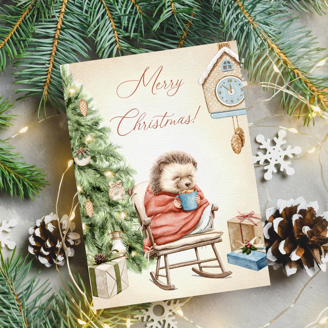 Cute Merry Christmas Card ,printable Hedgehog With Christmas Tree Card ...