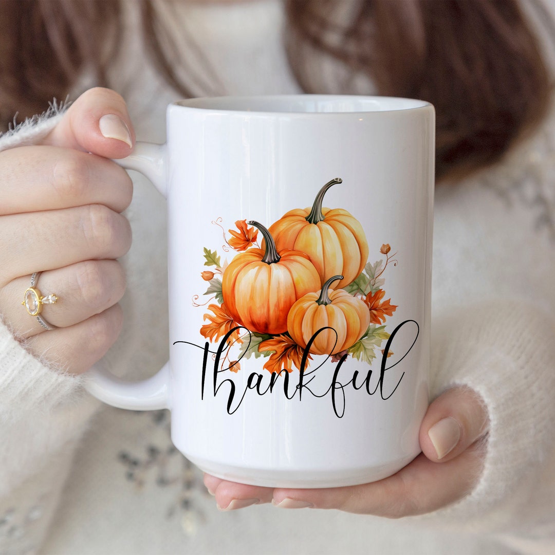 Thankful Thanksgiving Coffee Mug, Cute Watercolor Pumpkins Coffee Cup ...