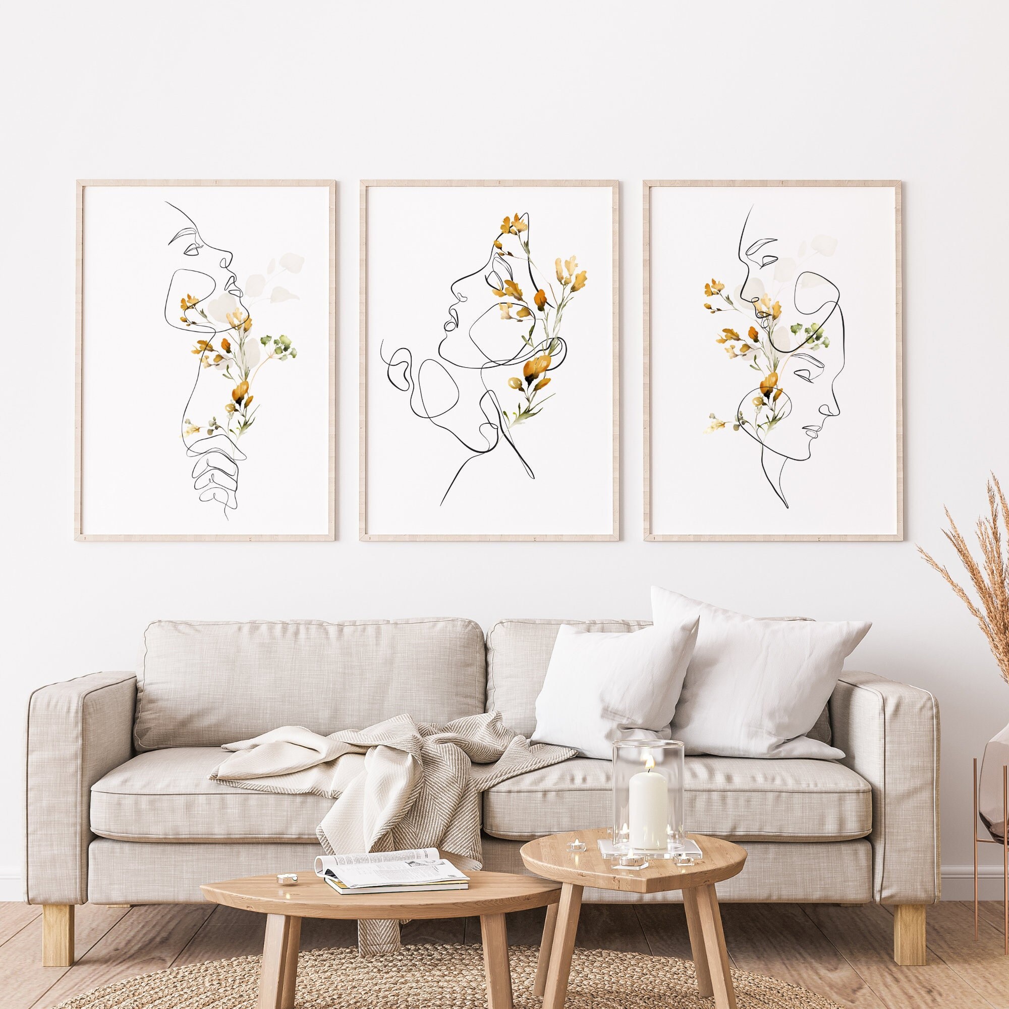 One Line Drawing Couple Wall Art, Single Line Romantic Set of 3 Boho ...