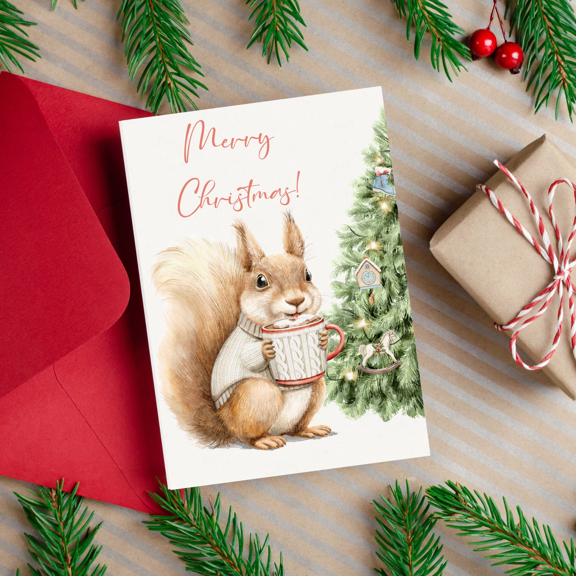 Cute Squirrel Merry Christmas Card ,printable Squirrel Christmas Card ...