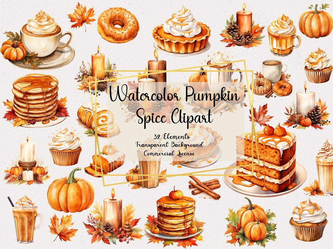 32 Watercolor Pumpkin Spice Clipart, Fall Holiday Elements ...