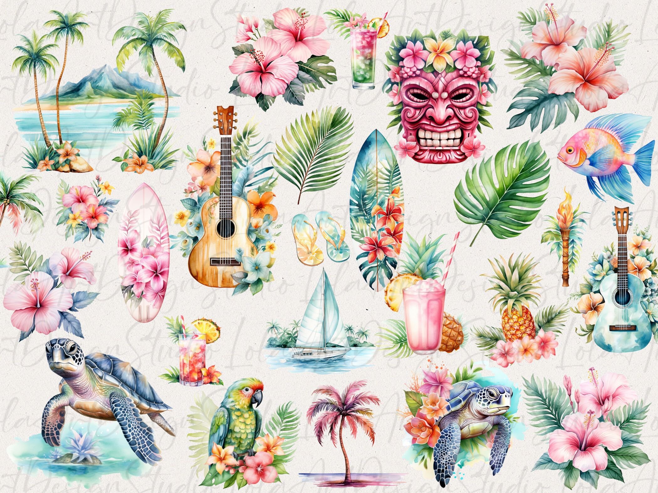 30 Watercolor Hawaii Clipart Bundle, Summer Tropical Island Clip Art ...