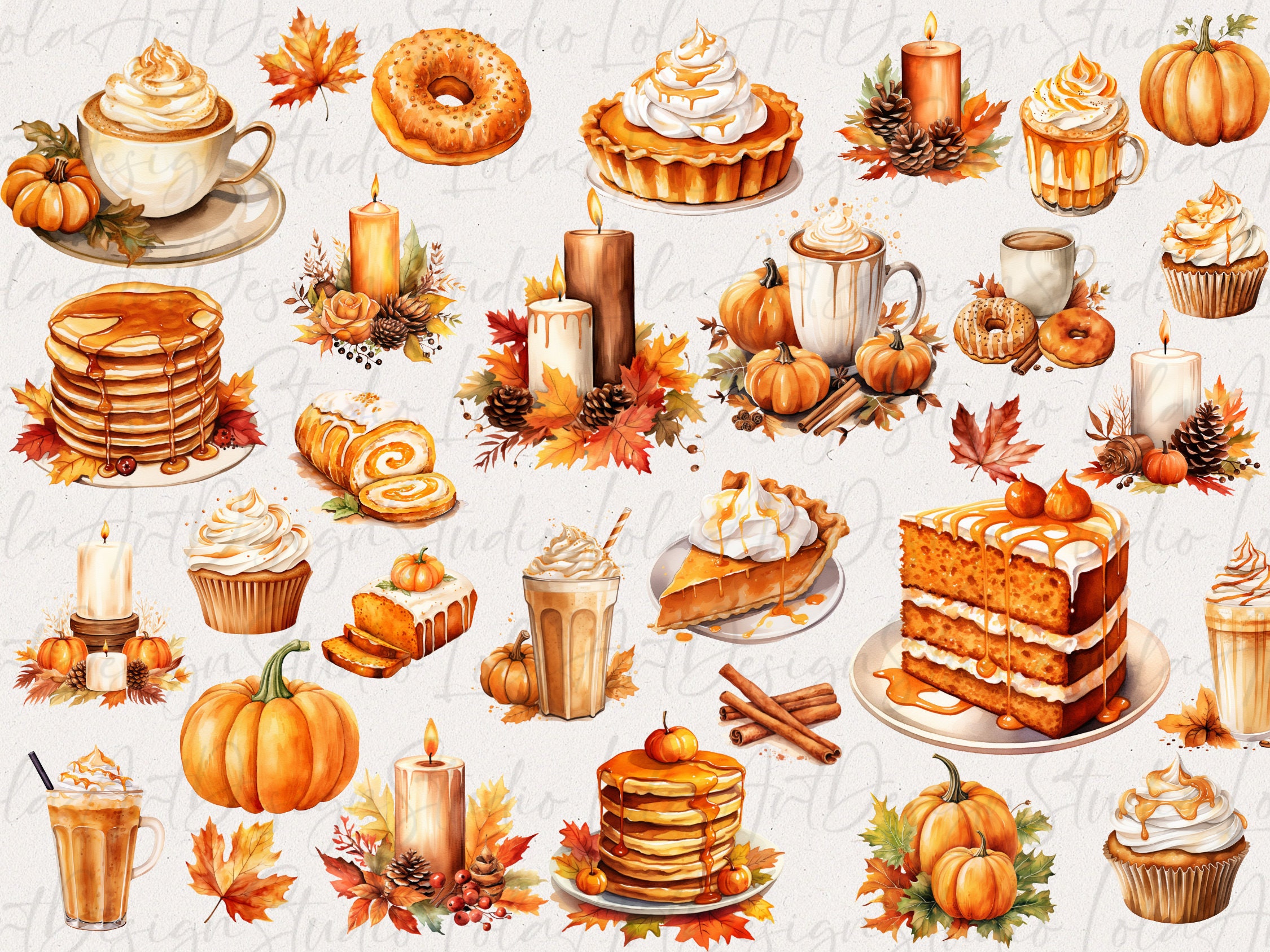 32 Watercolor Pumpkin Spice Clipart Fall Holiday Elements - Etsy