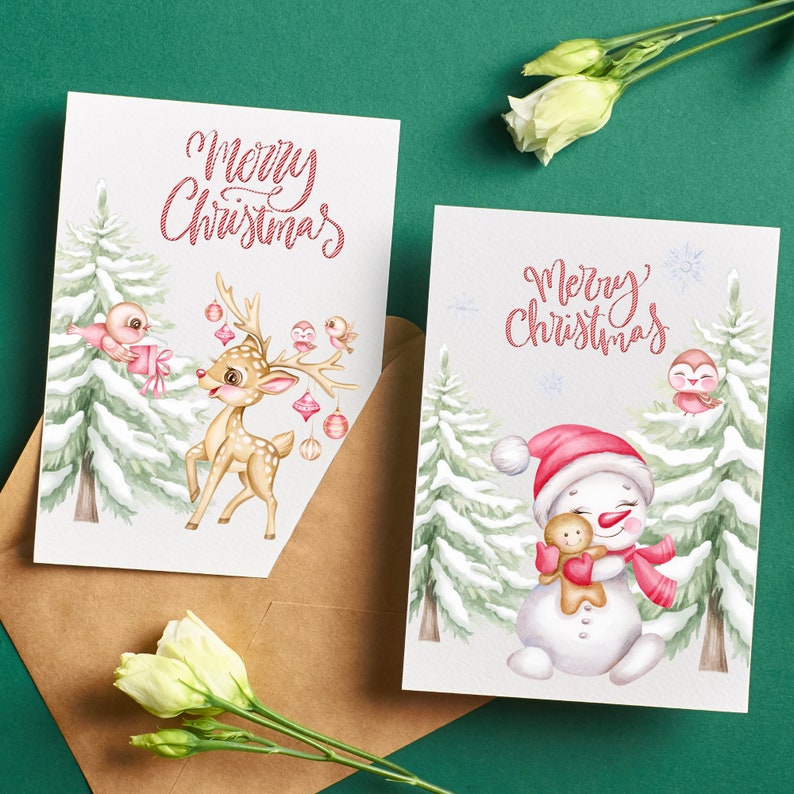 Set of 2 Christmas Cards, Deer With Tree & Snowman Printable Cards ...